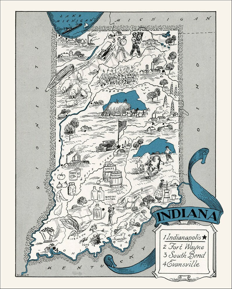 Pictorial Map of Indiana – Digital Download PRINTABLE Vintage Fun Old ...