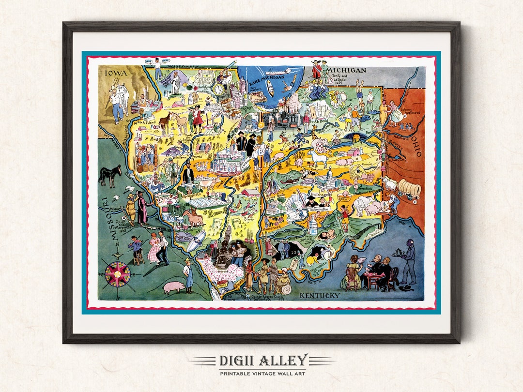 Fun State Map of Illinois & Indiana – Digital Download PRINTABLE ...