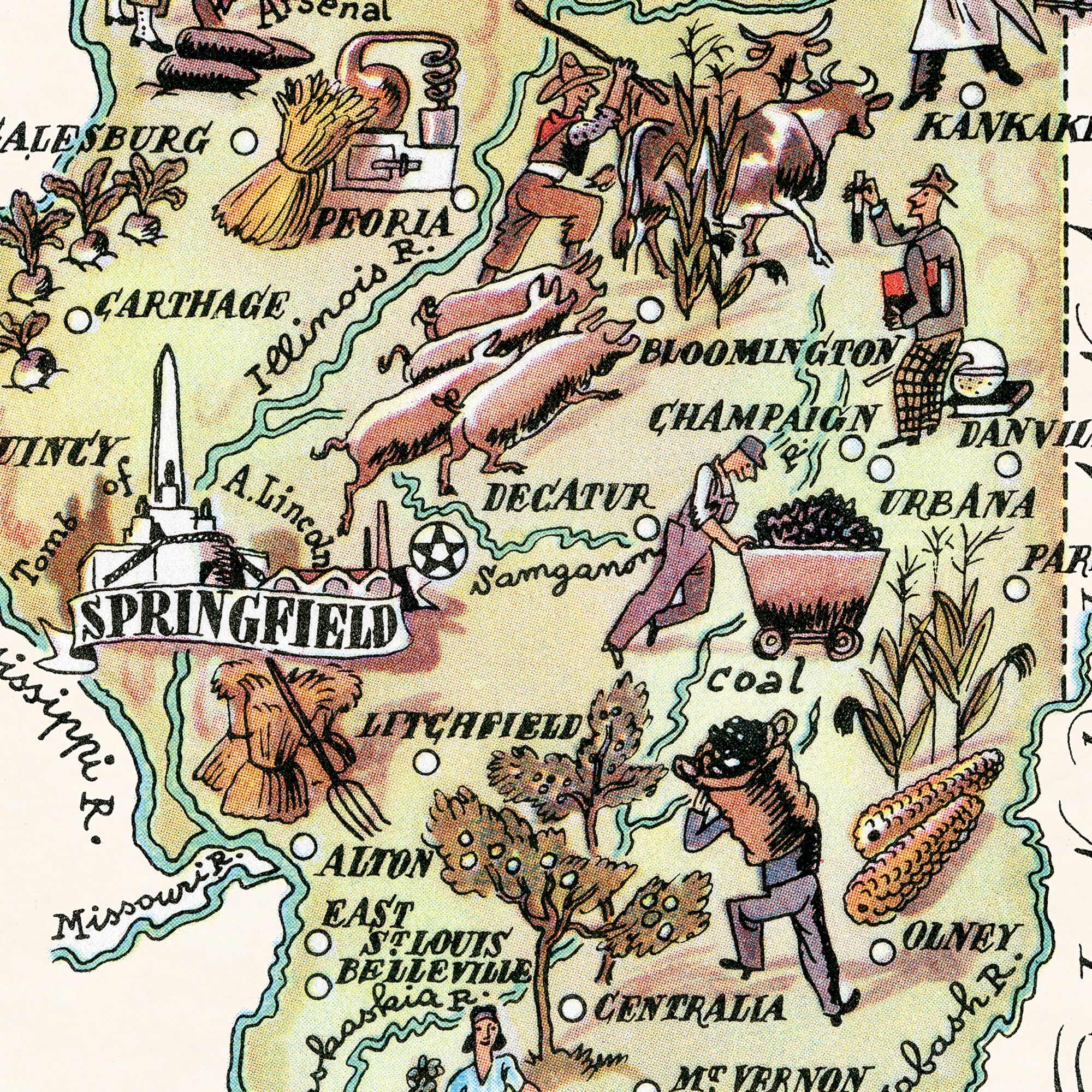 Fun State Map of Illinois Digital Download PRINTABLE Vintage Pictorial ...