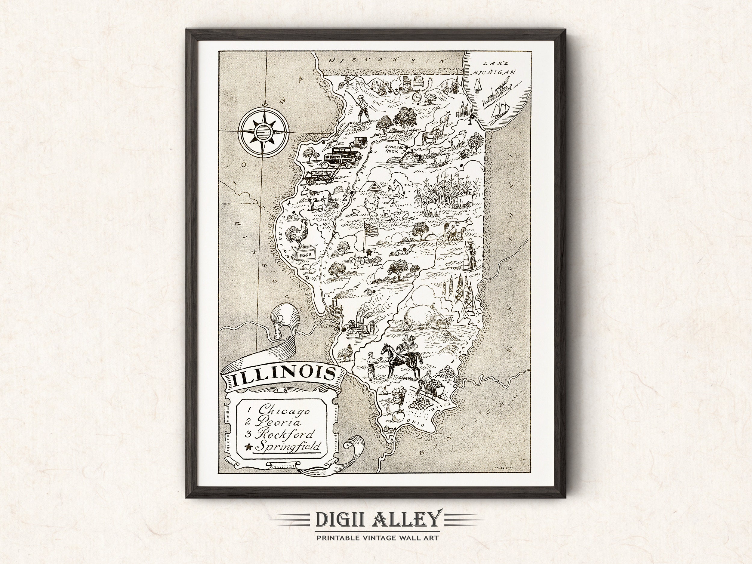 Pictorial State Map of Illinois – Digital Download PRINTABLE Vintage ...