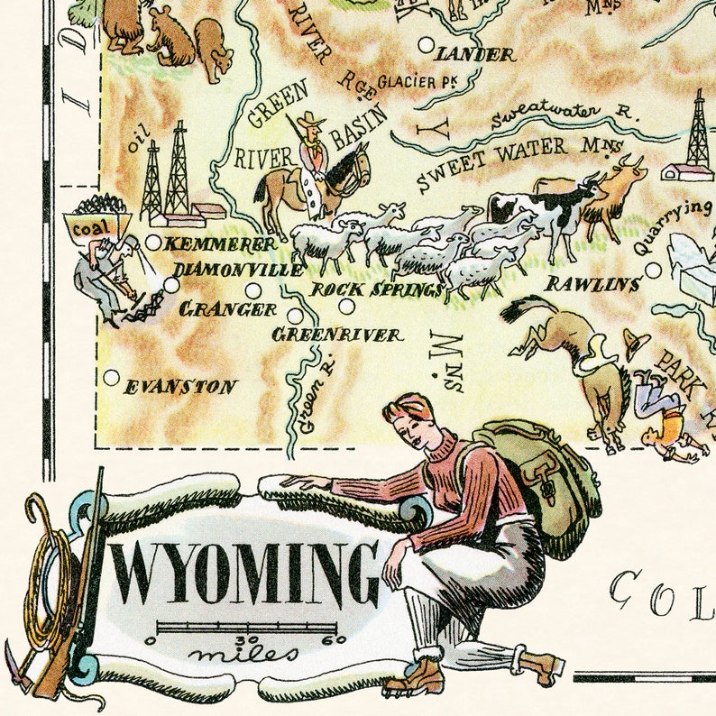 Fun State Map of Wyoming – Digital Download PRINTABLE Vintage Pictorial ...