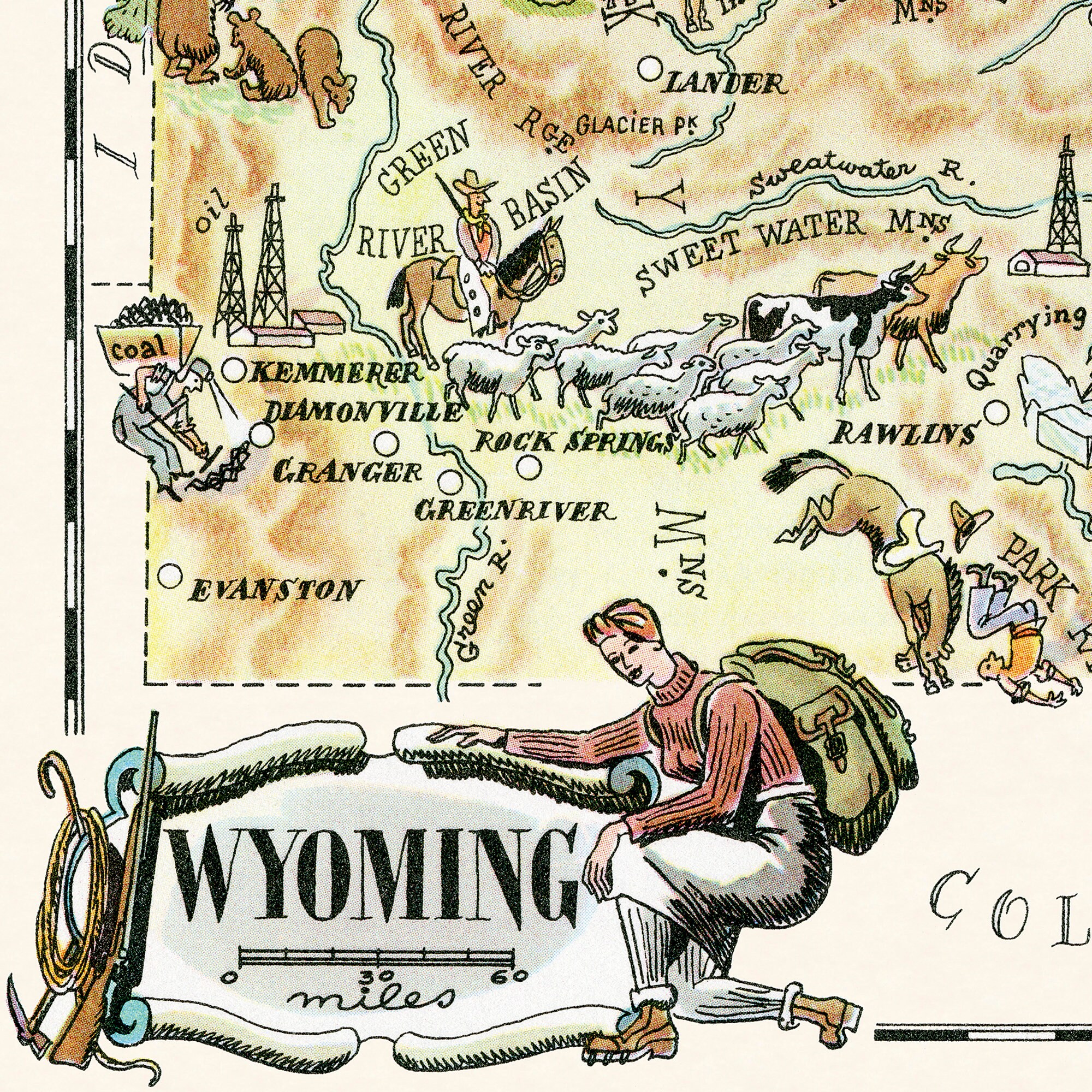 Fun State Map of Wyoming – Digital Download PRINTABLE Vintage Pictorial ...