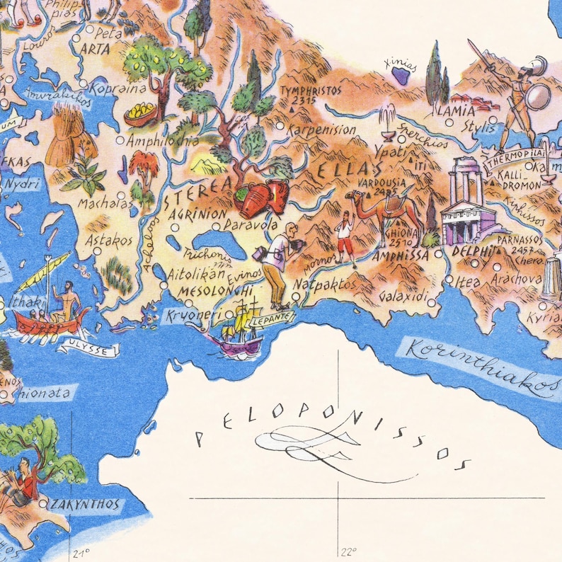 Fun Map of Central Greece – Digital Download PRINTABLE Vintage Fun ...