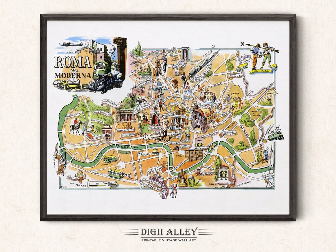 Fun Map of Italy Rome Roma Moderna– Digital Download PRINTABLE Vintage ...