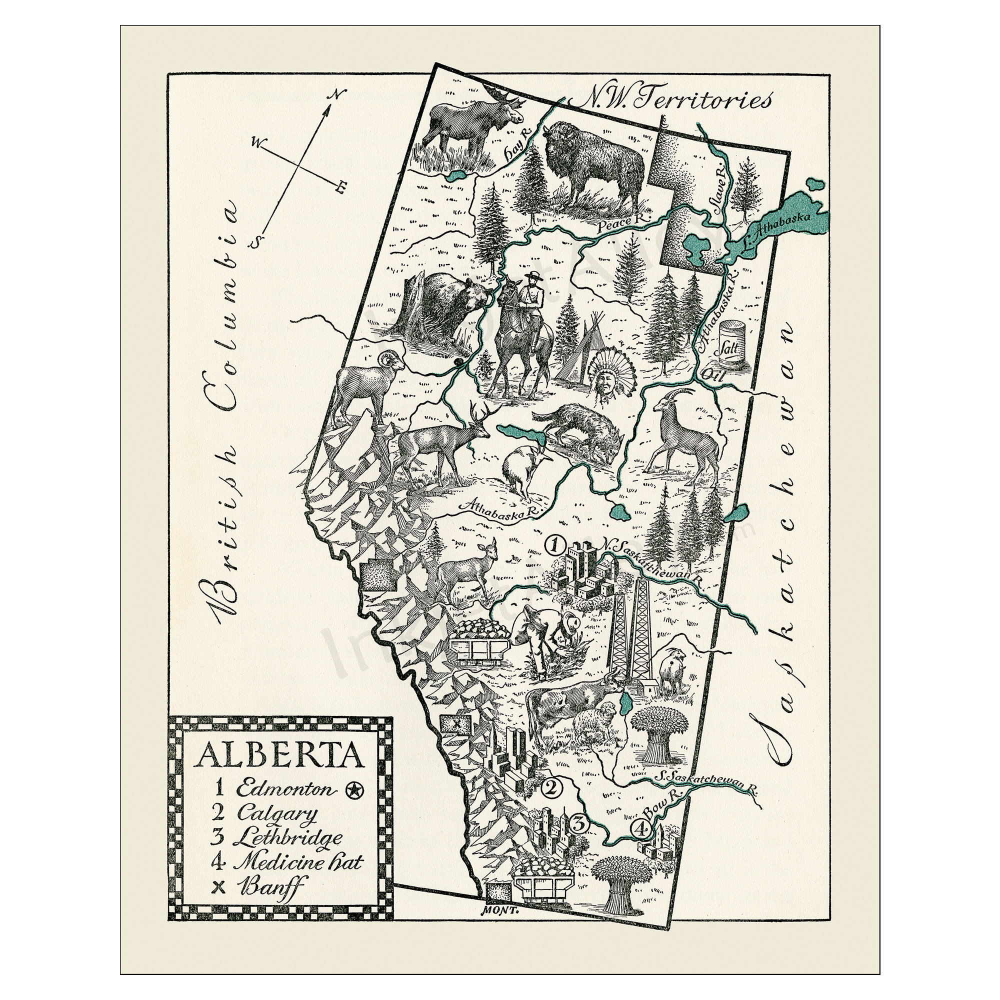 Map of Alberta Canada Digital Download PRINTABLE Fun Vintage Pictorial ...