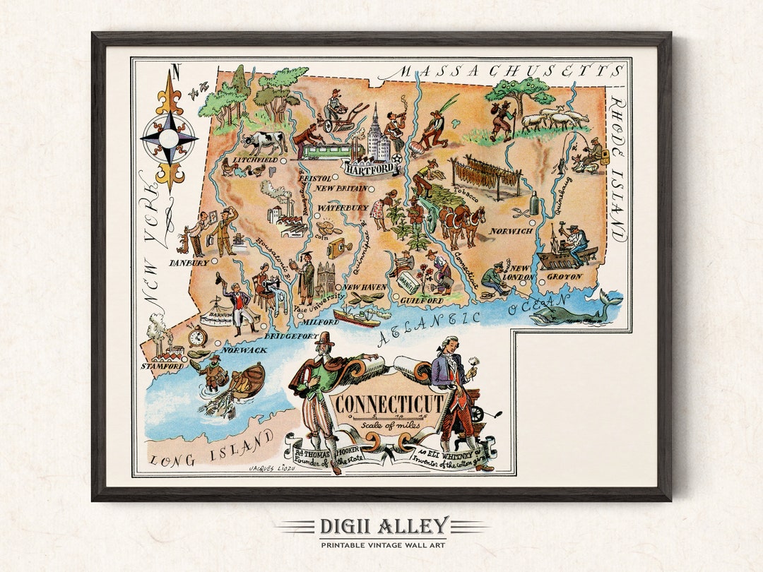 Fun State Map of Connecticut – Digital Download PRINTABLE Vintage ...