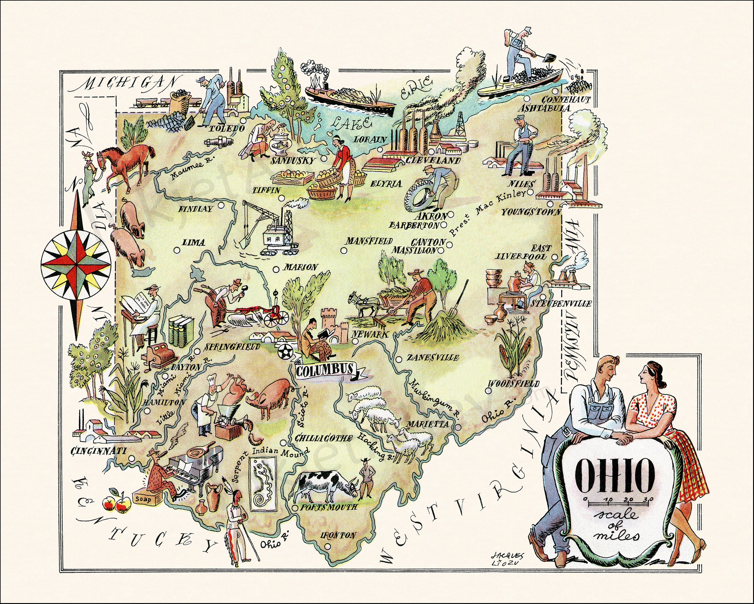 Fun State Map of Ohio – Digital Download PRINTABLE Vintage Pictorial ...