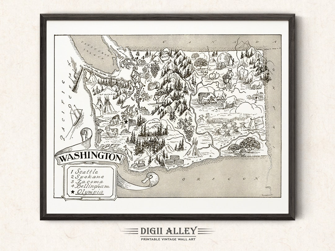 Pictorial State Map of Washington Digital Download PRINTABLE - Etsy