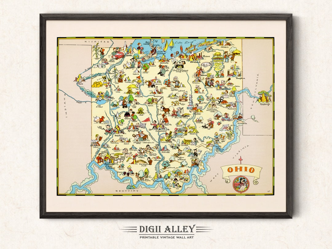 Fun State Map of Ohio – Digital Download PRINTABLE Vintage Pictorial ...