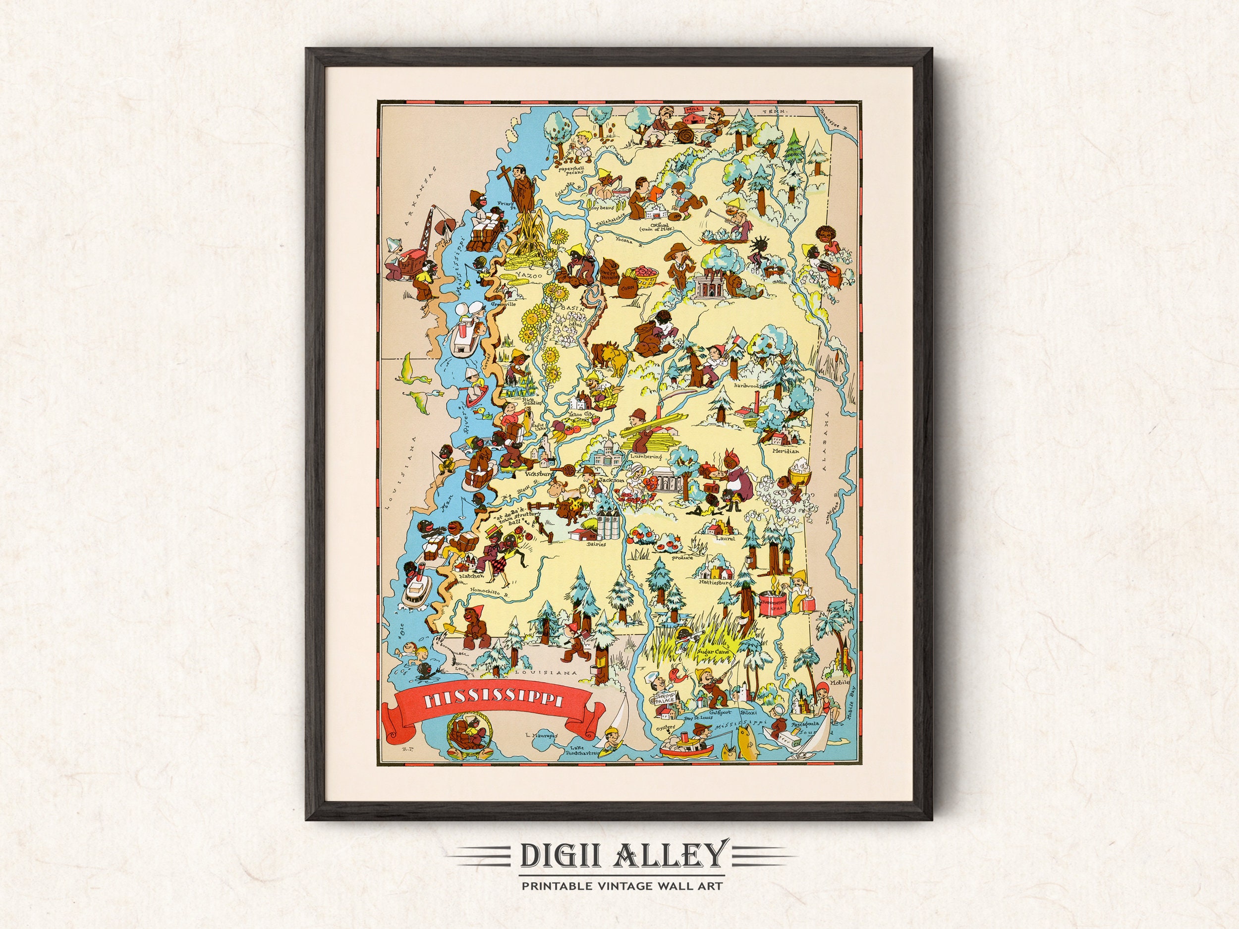 Fun State Map of Mississippi – Digital Download PRINTABLE Vintage ...