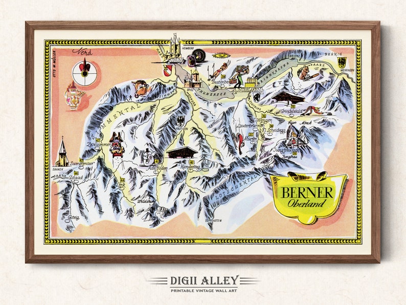 Fun Ski Trail Map of Berner Oberland in Switzerland – Digital Download ...