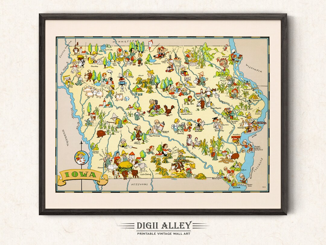 Fun State Map of Iowa – Digital Download PRINTABLE Vintage Pictorial ...
