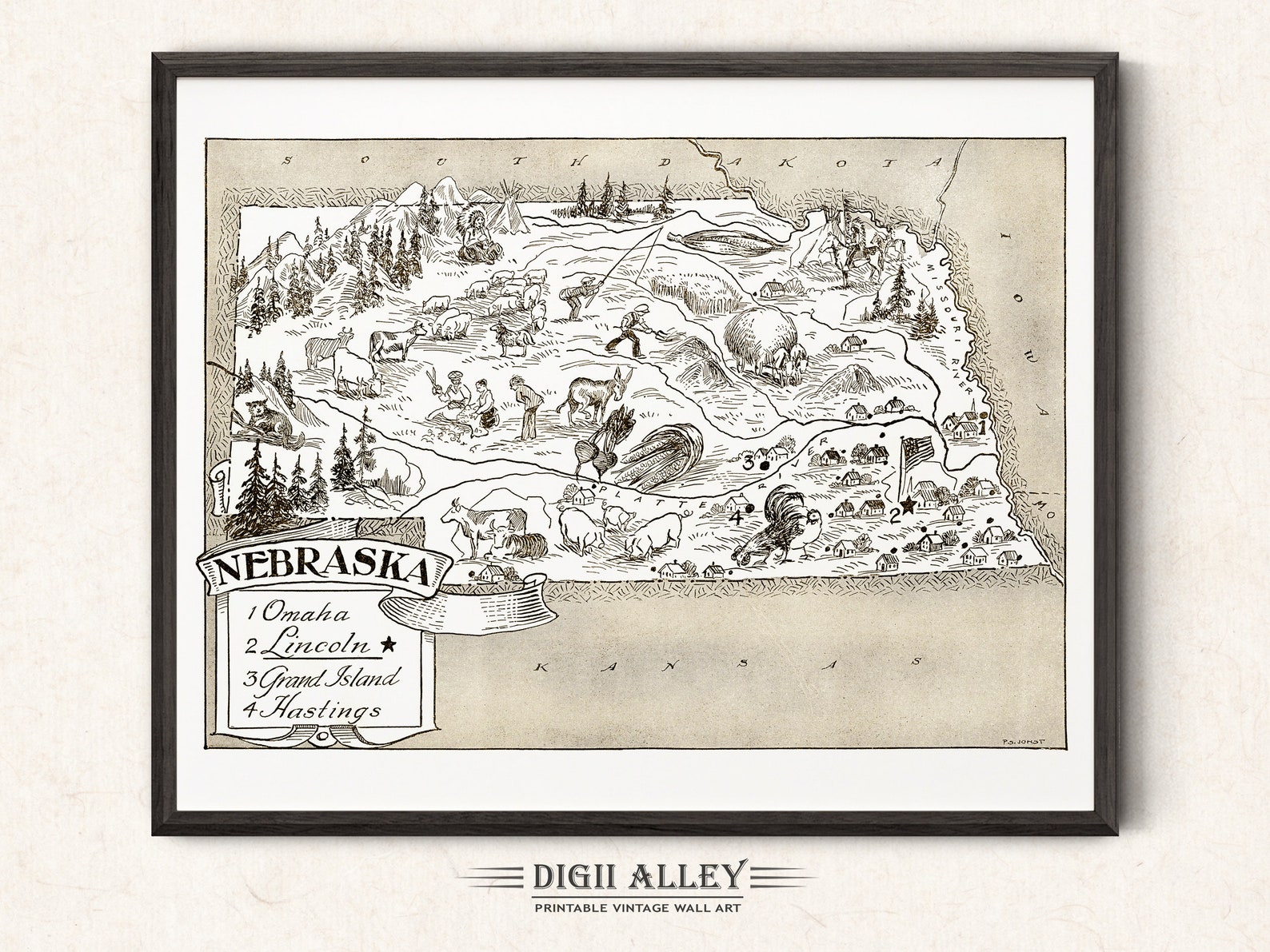 Pictorial State Map of Nebraska – Digital Download PRINTABLE Vintage ...