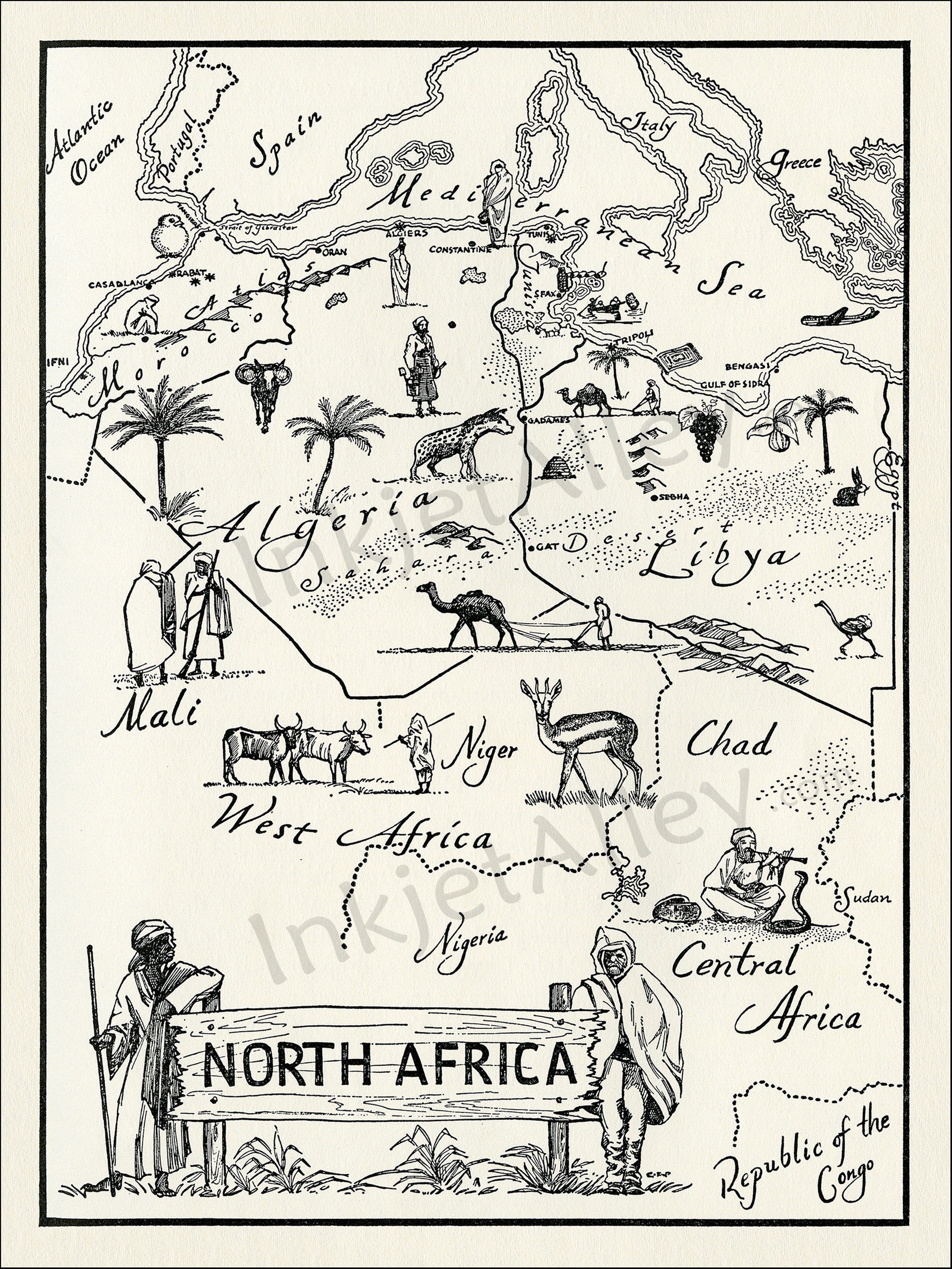 Map of North Africa – Digital Download PRINTABLE Vintage Pictorial Fun ...