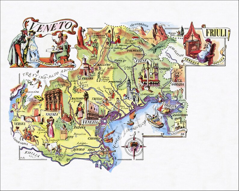 Fun Map of Italy Veneto – Digital Download PRINTABLE Vintage Pictorial ...