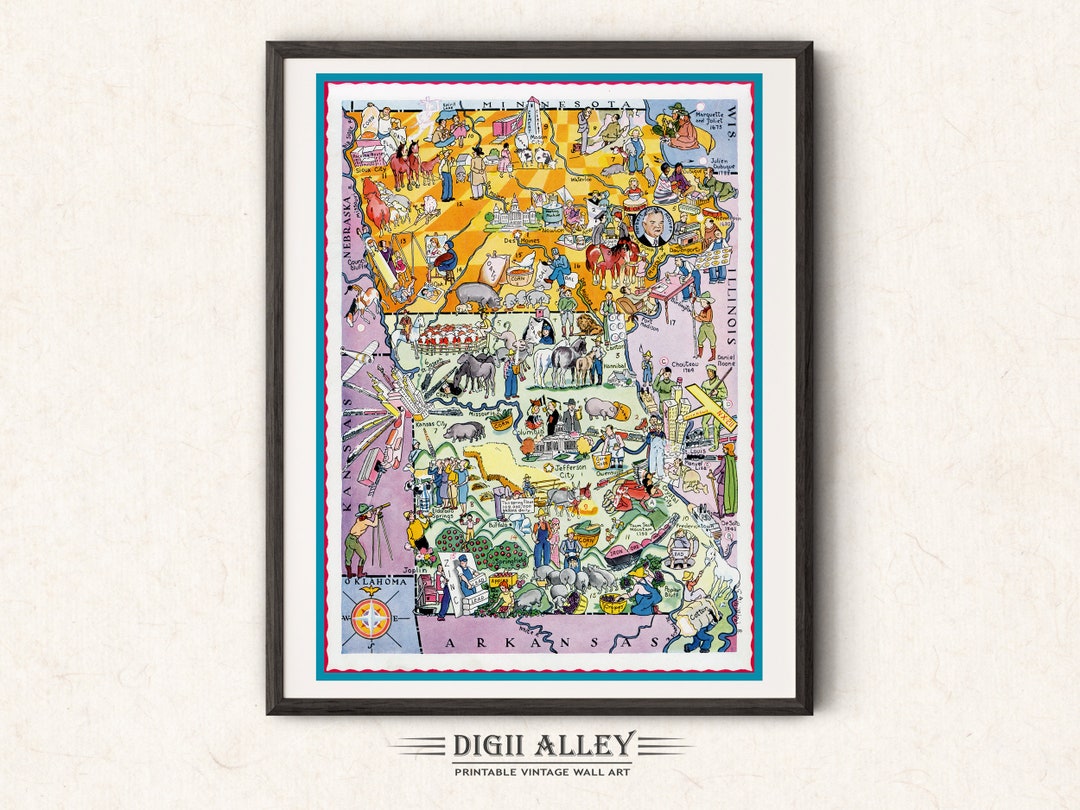 Fun State Map of Iowa & Missouri – Digital Download PRINTABLE Vintage ...