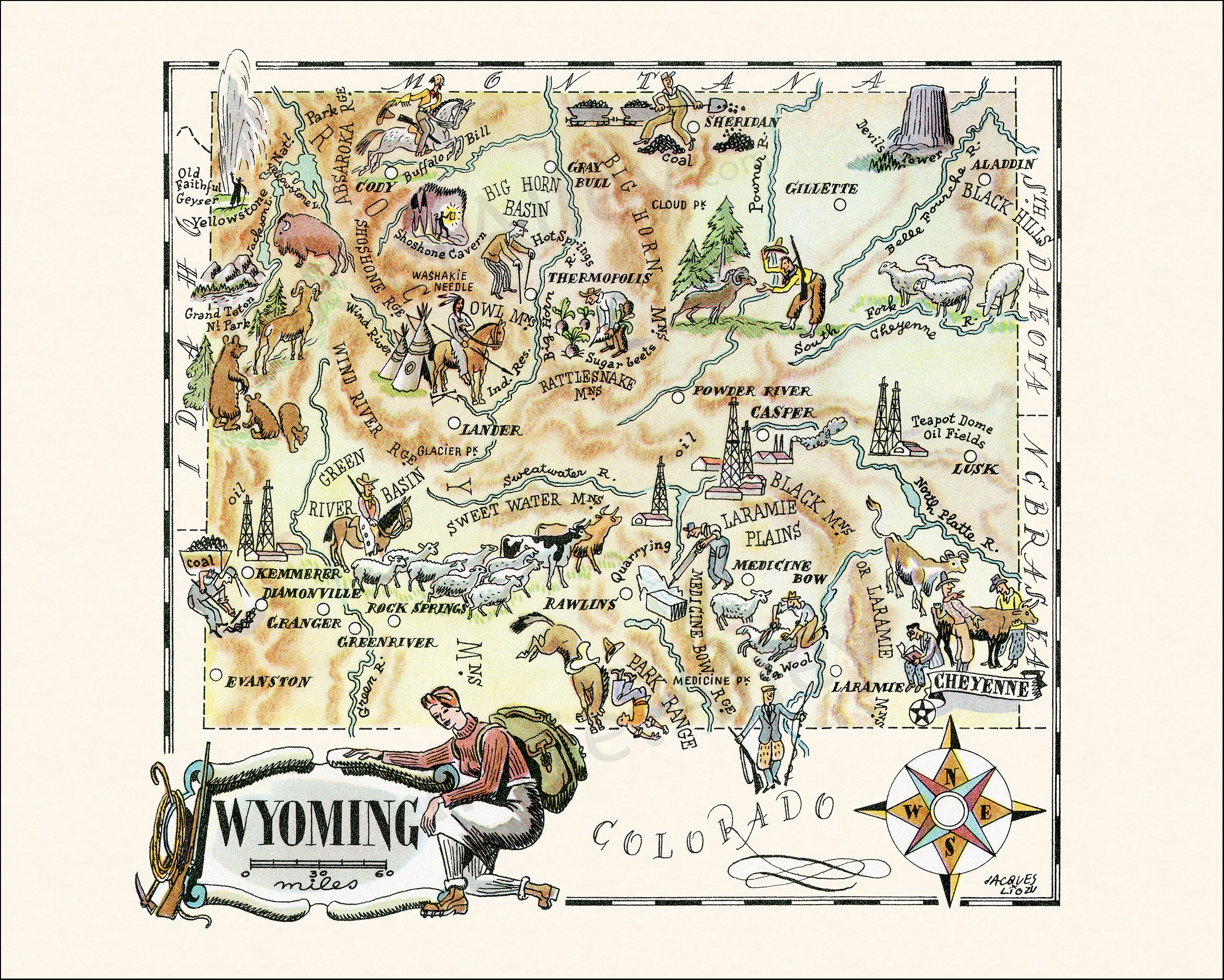 Fun State Map of Wyoming – Digital Download PRINTABLE Vintage Pictorial ...