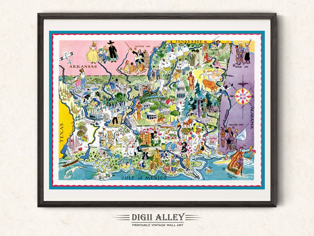 Fun State Map of Louisiana & Mississippi – Digital Download PRINTABLE ...