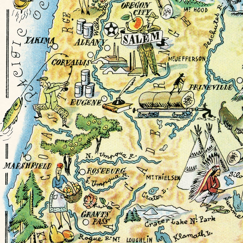 Fun State Map of Oregon – Digital Download PRINTABLE Vintage Pictorial ...