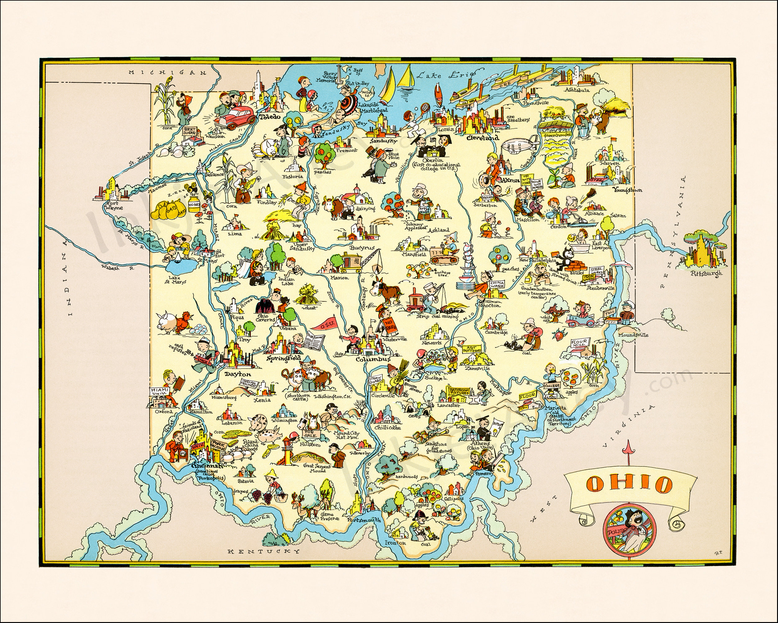 Fun State Map of Ohio – Digital Download PRINTABLE Vintage Pictorial ...
