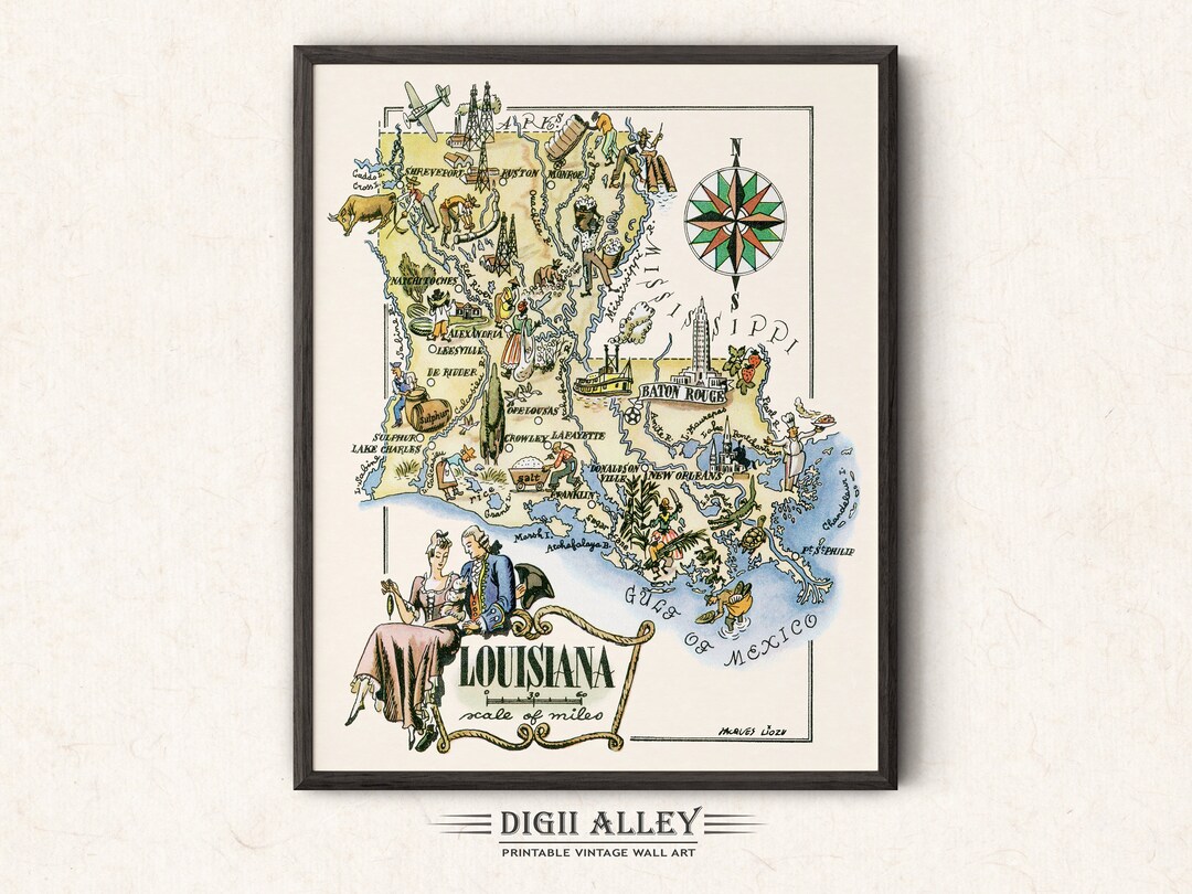 Fun State Map of Louisiana – Digital Download PRINTABLE Vintage ...