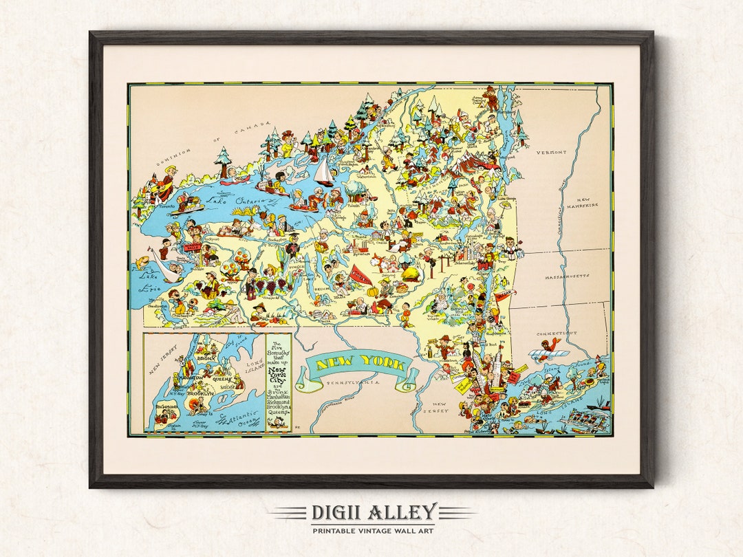 Fun State Map of New York – Digital Download PRINTABLE Vintage ...