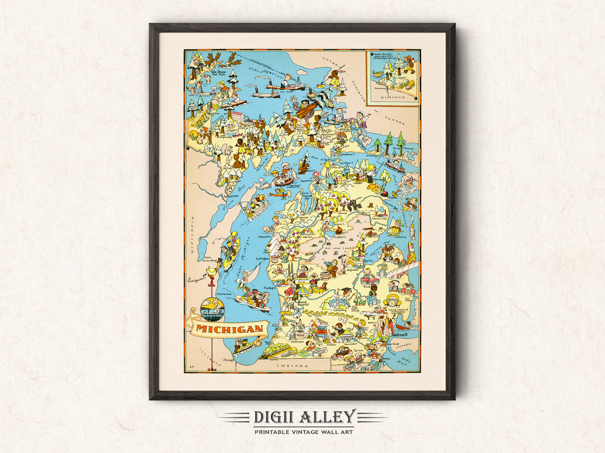 Fun State Map of Michigan – Digital Download PRINTABLE Vintage ...