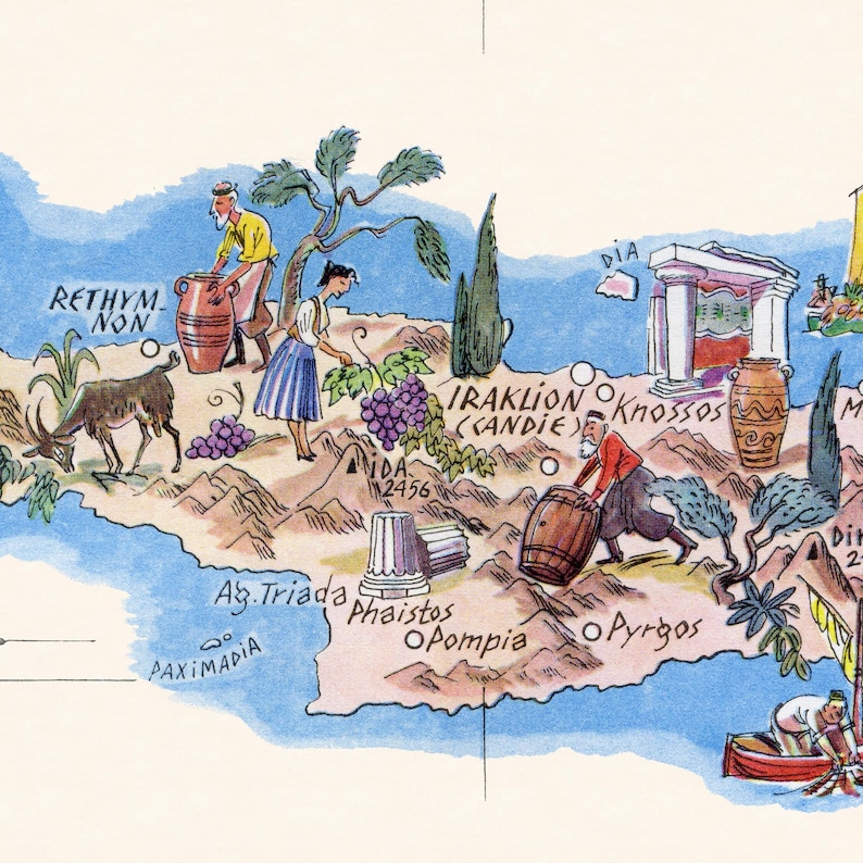 Fun Map of Crete a Greek Island – Digital Download PRINTABLE Vintage ...