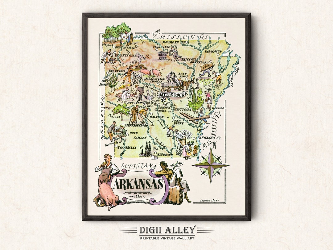 Fun State Map of Arkansas – Digital Download PRINTABLE Vintage ...