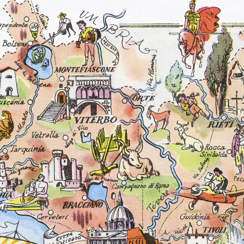 Fun Map of Italy Lazio – Digital Download PRINTABLE Vintage Pictorial ...