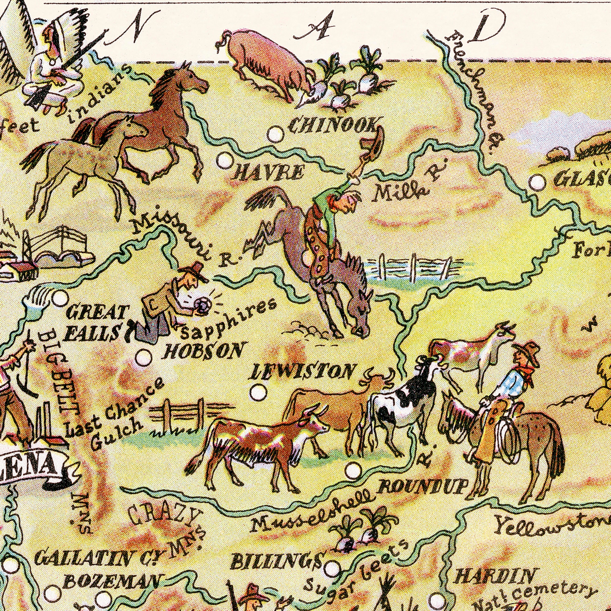 Fun State Map of Montana – Digital Download PRINTABLE Vintage Pictorial ...