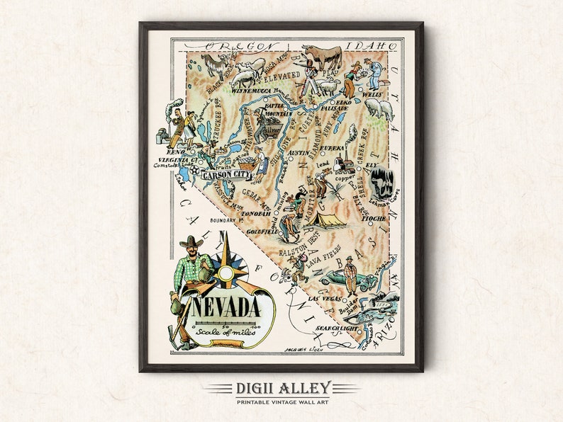 Fun State Map of Nevada – Digital Download PRINTABLE Vintage Pictorial ...