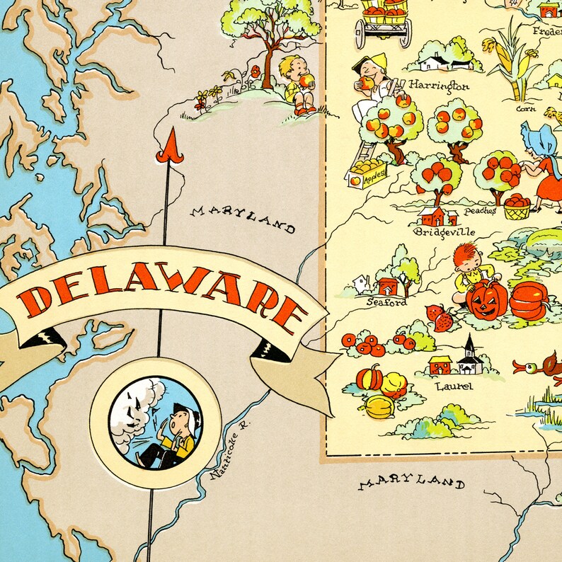 Fun State Map of Delaware – Digital Download PRINTABLE Vintage ...