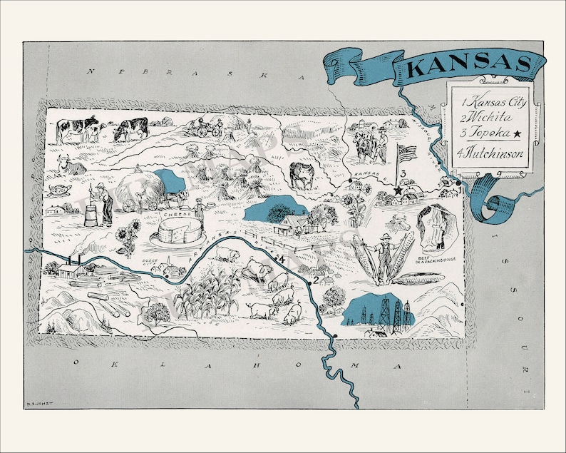 Pictorial Map of Kansas – Digital Download PRINTABLE Vintage Fun Old ...