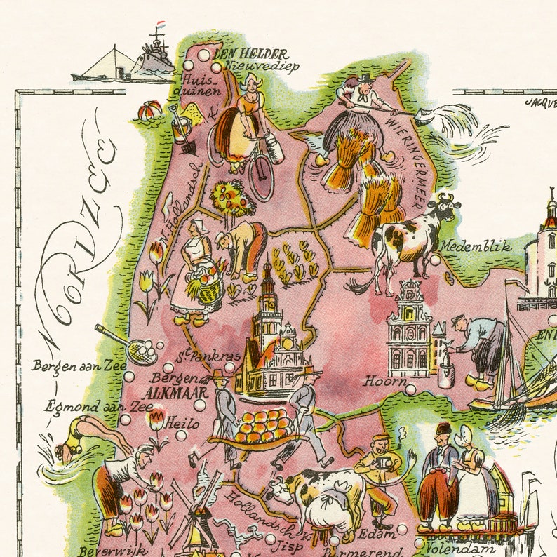 Fun Map of (noord) North Holland – Digital Download PRINTABLE Vintage ...