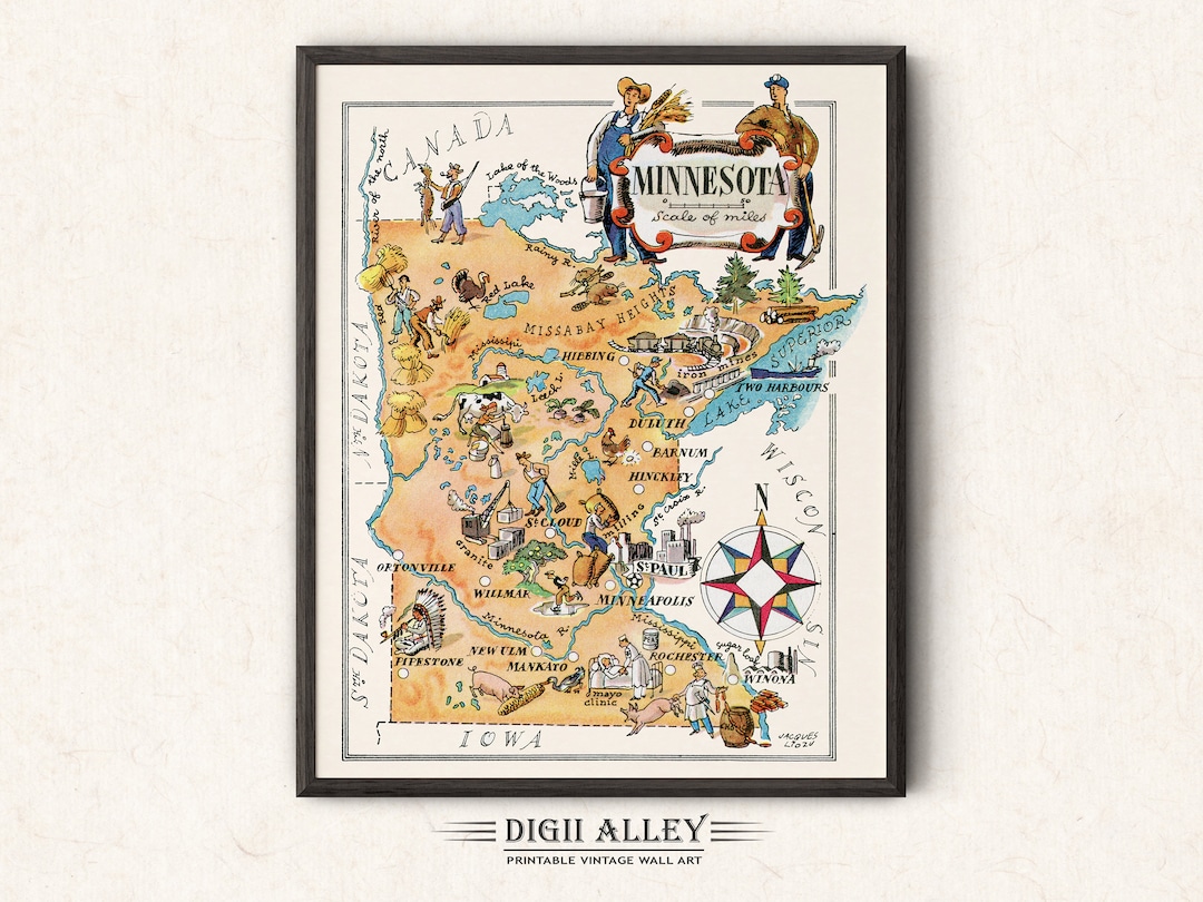 Fun State Map of Minnesota – Digital Download PRINTABLE Vintage ...