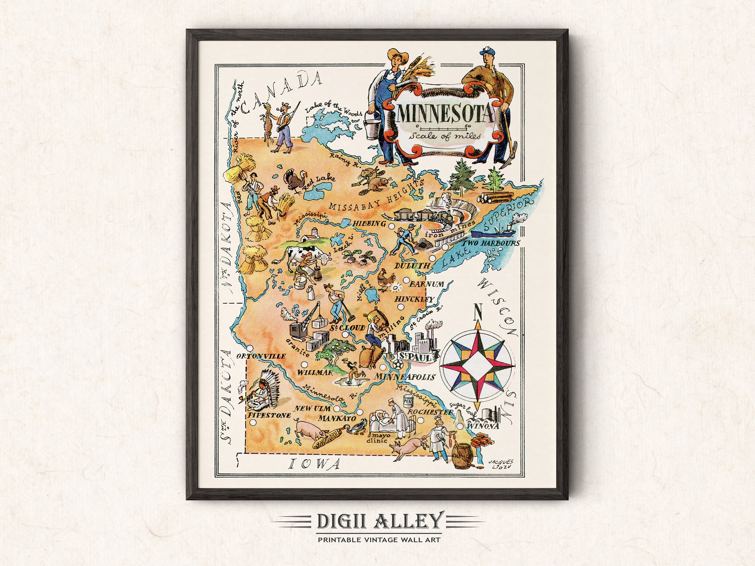 Fun State Map of Minnesota Digital Download PRINTABLE Vintage Pictorial ...