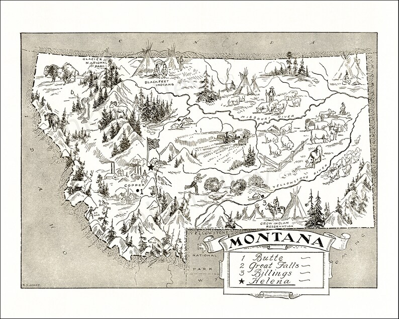 Pictorial State Map of Montana – Digital Download PRINTABLE Vintage Fun ...