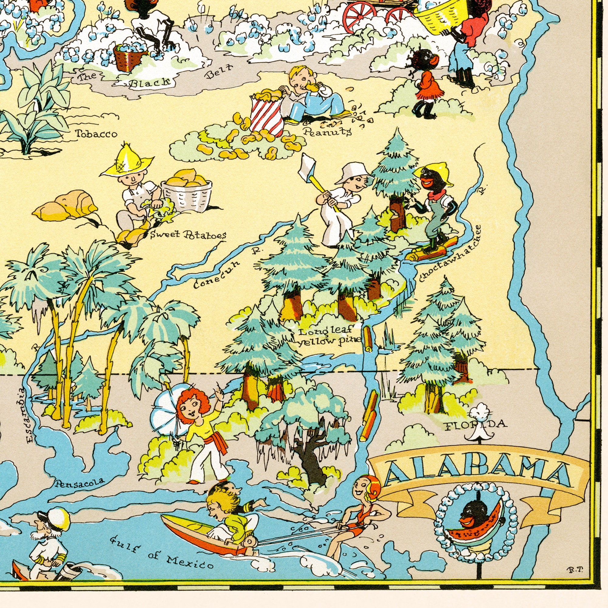 Fun State Map of Alabama Digital Download PRINTABLE Vintage Pictorial ...