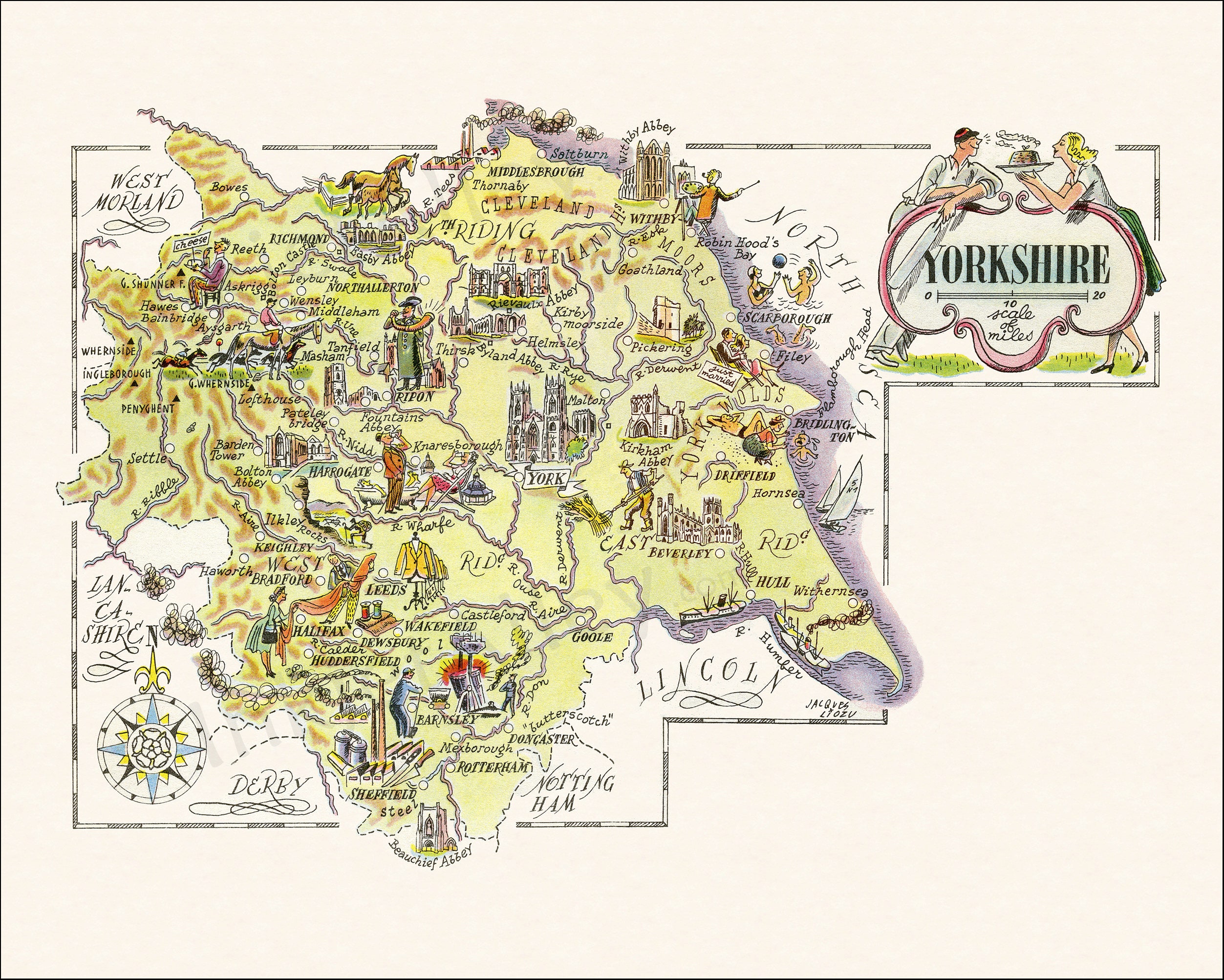 Fun Map of Yorkshire in Great Britain, England UK – Digital Download ...