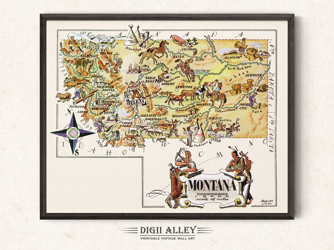 Fun State Map of Montana – Digital Download PRINTABLE Vintage Pictorial ...
