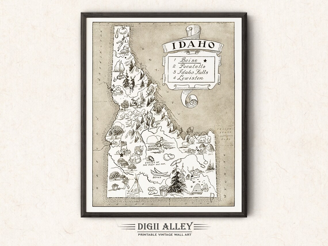 Pictorial State Map of Idaho – Digital Download PRINTABLE Vintage Fun ...