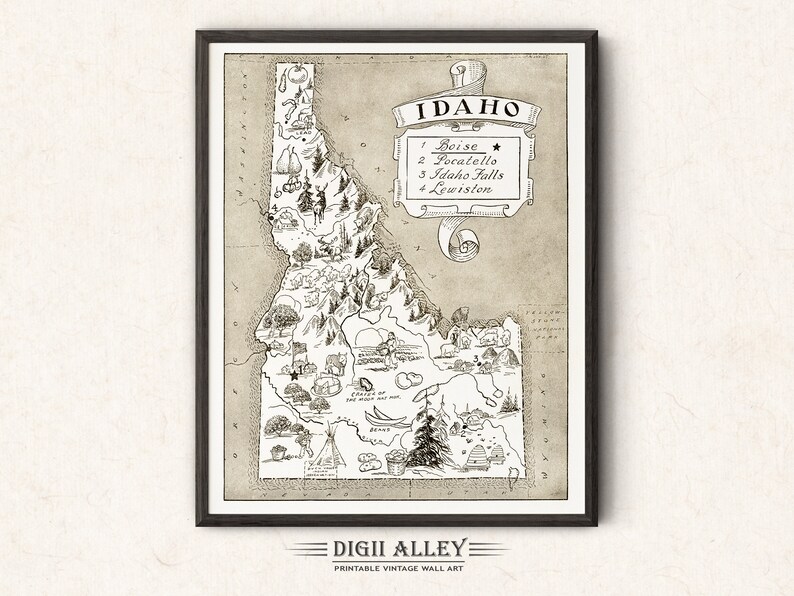 Pictorial State Map of Idaho – Digital Download PRINTABLE Vintage Fun ...