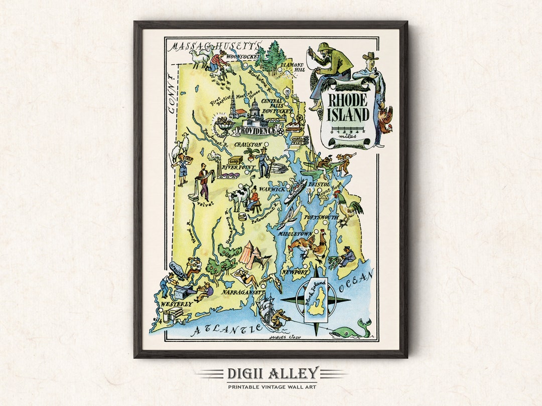 Fun State Map of Rhode Island – Digital Download PRINTABLE Vintage ...