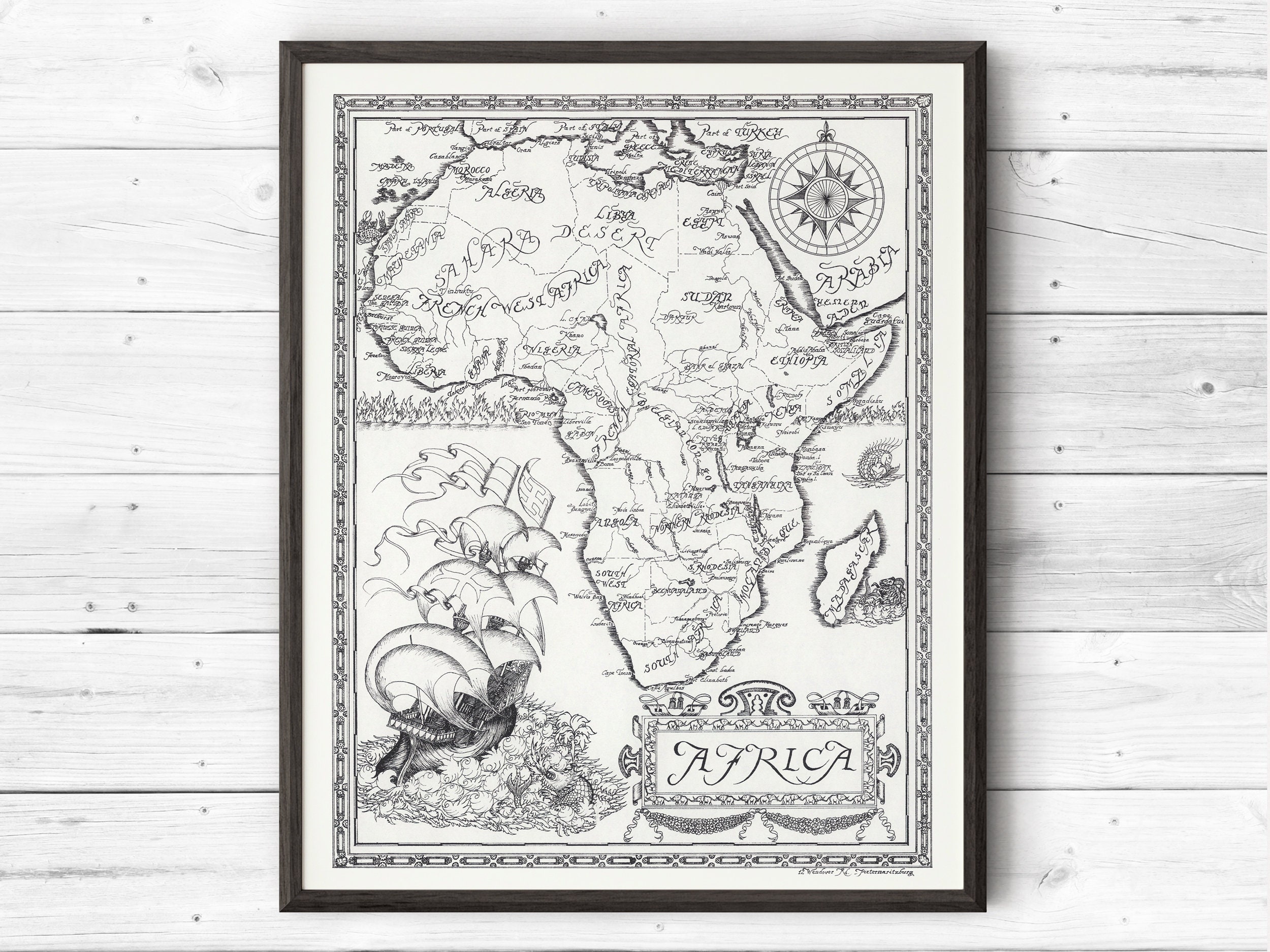 Map of Africa Digital Download PRINTABLE Pictorial Black & White ...