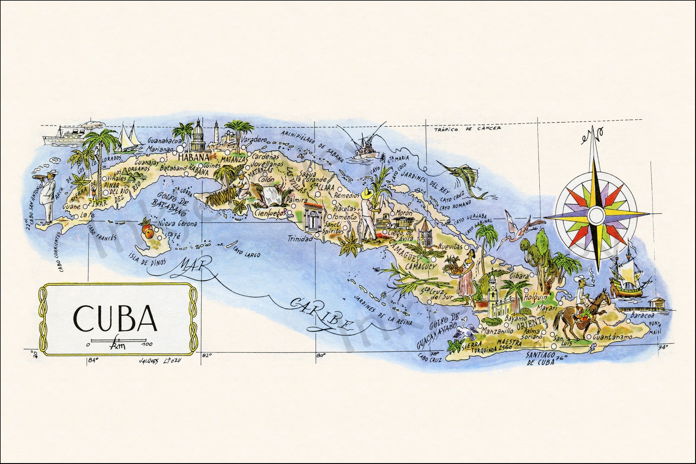 Fun Map of Cuba in the Caribbean – Digital Download PRINTABLE Vintage ...