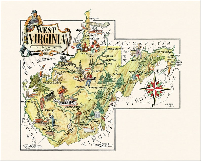 Fun State Map of West Virginia – Digital Download PRINTABLE Vintage ...