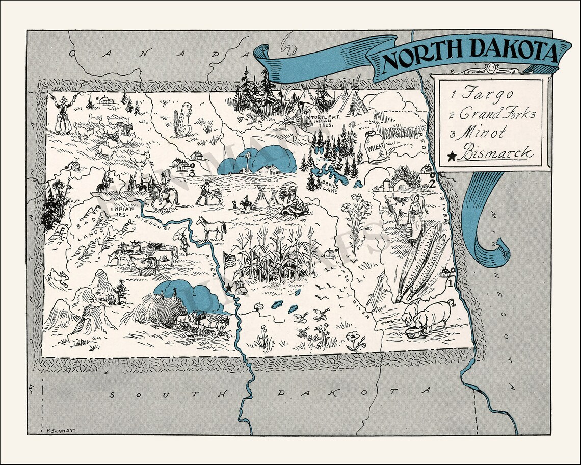 Pictorial Map of North Dakota Digital Download PRINTABLE - Etsy