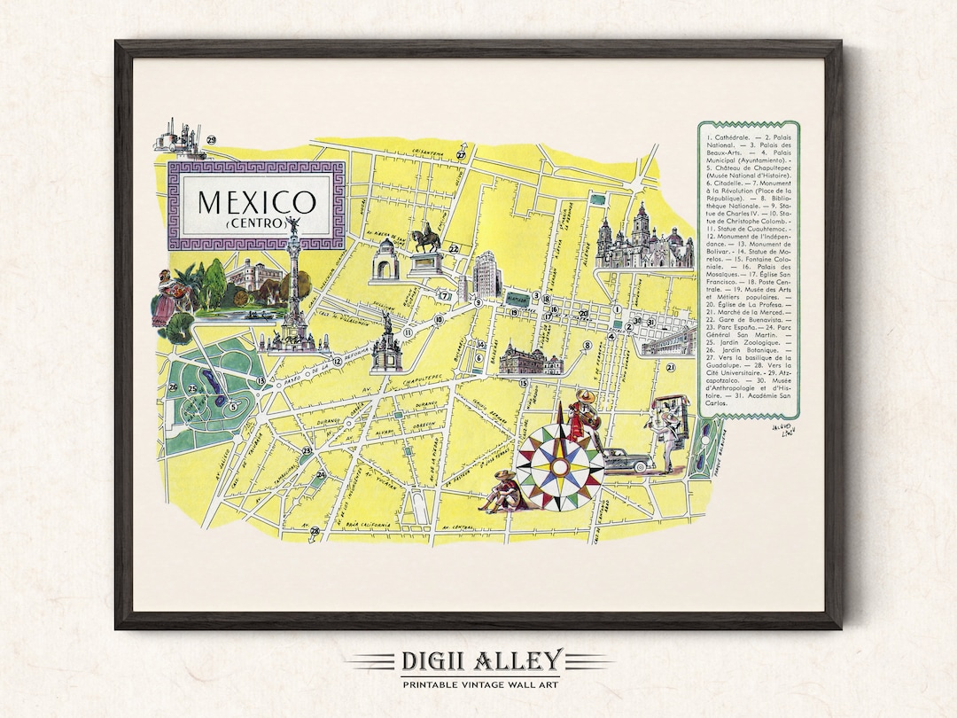 Fun Map of Mexico City – Digital Download PRINTABLE Vintage Wall Art ...