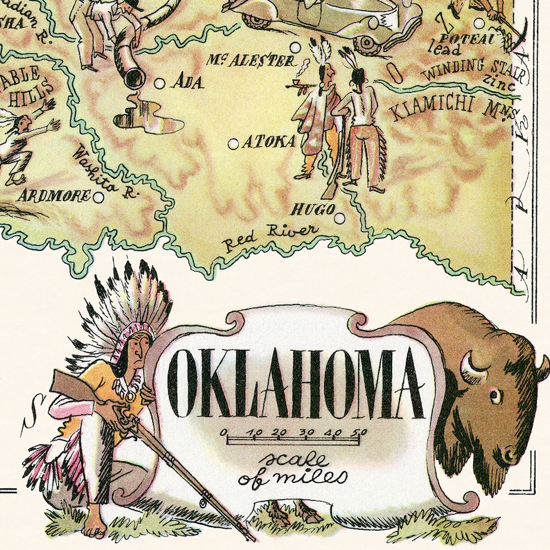 Fun State Map of Oklahoma Digital Download PRINTABLE Vintage Pictorial ...